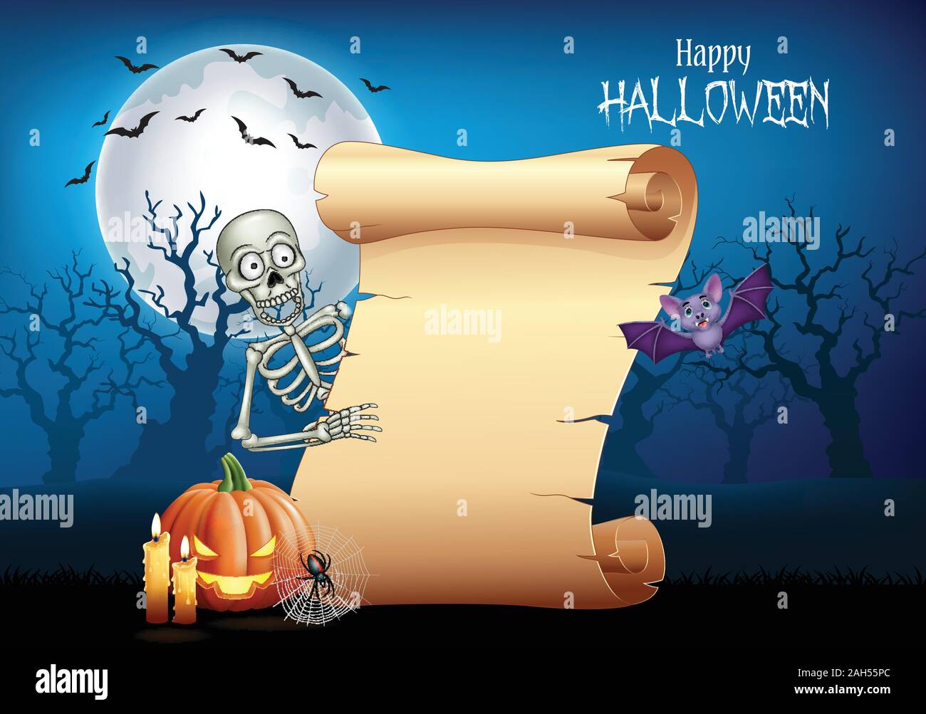 Cartoon skeleton holding scroll banner with Halloween background Stock ...