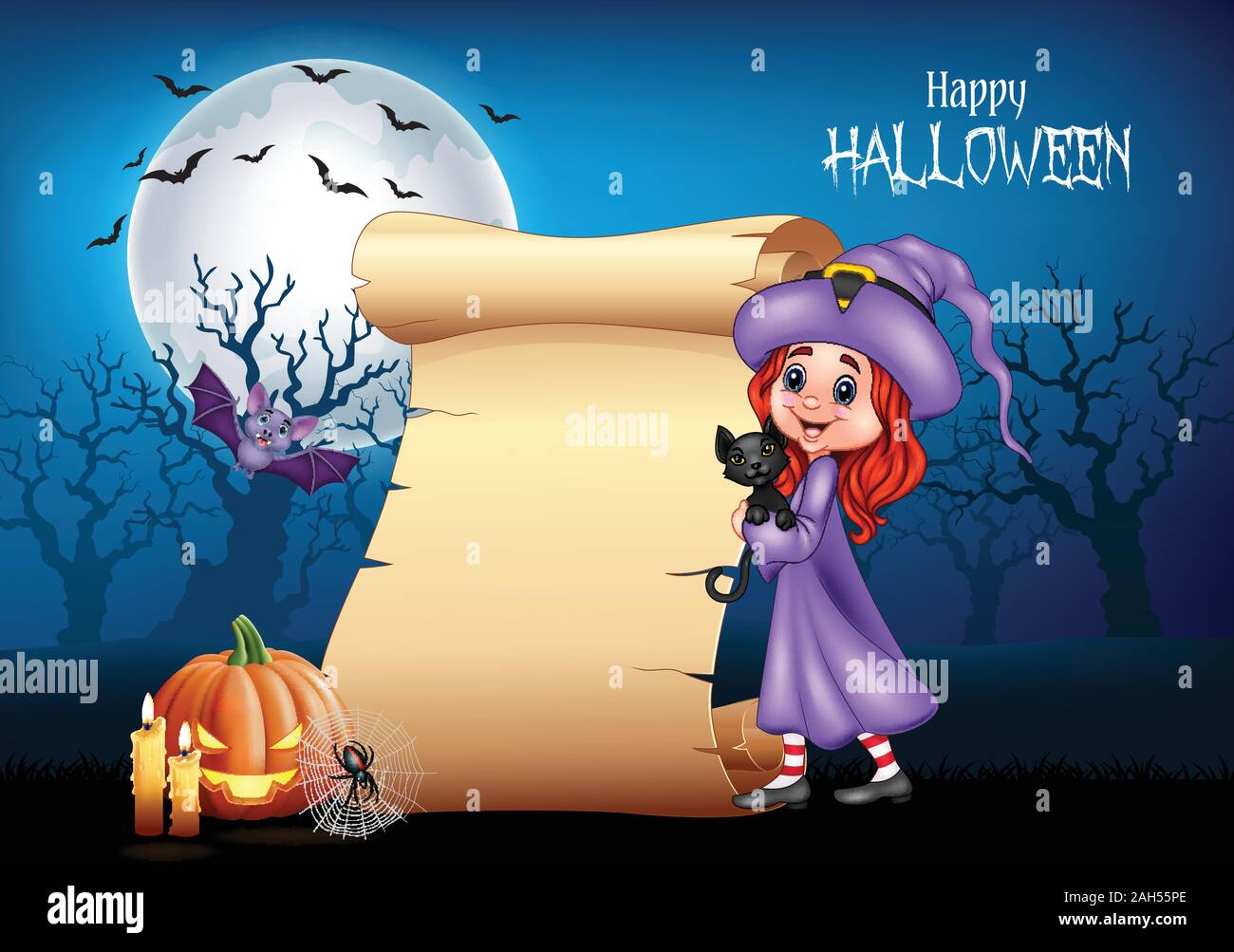 Cartoon little witch hugging black cat with Halloween background Stock ...