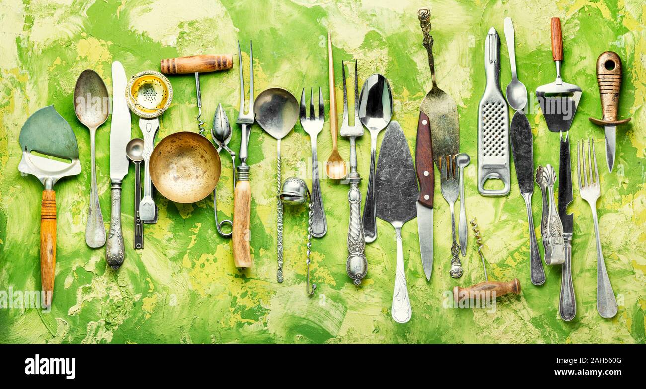 Large set of everyday retro cooking utensils Stock Photo - Alamy