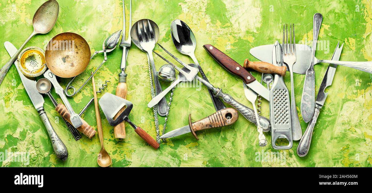 Large set of everyday retro cooking utensils Stock Photo - Alamy