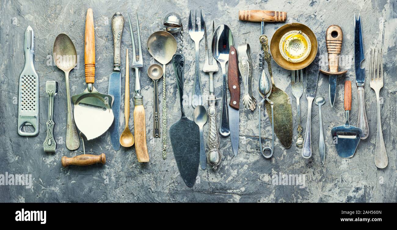 Large set of everyday retro cooking utensils Stock Photo - Alamy