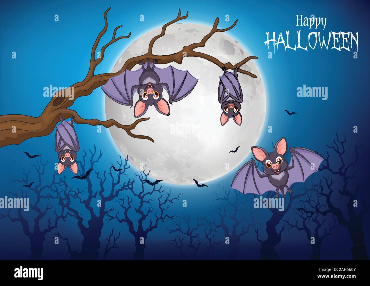 Cartoon funny bats hanging on tree with halloween background Stock ...