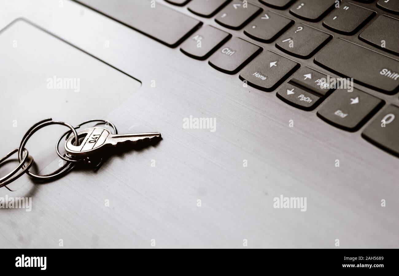 Close up of Still life of Key Ring on laptop computer keyboard ...