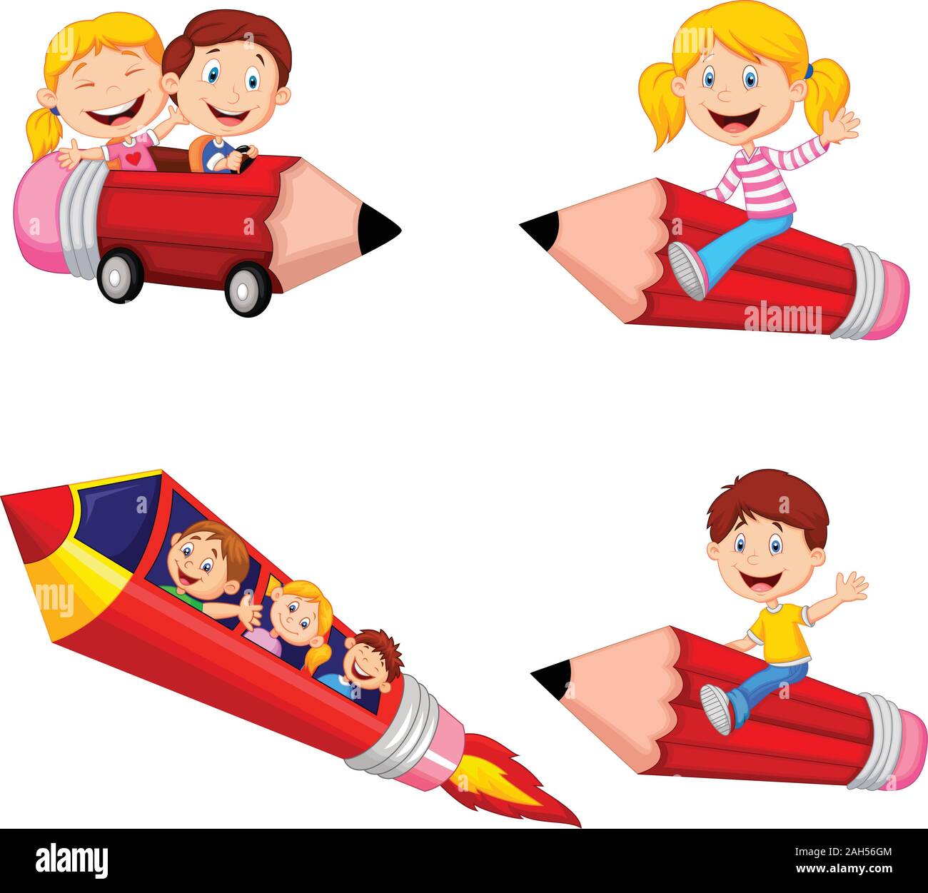 Cartoon children riding pencil toys collection set Stock Vector Image ...
