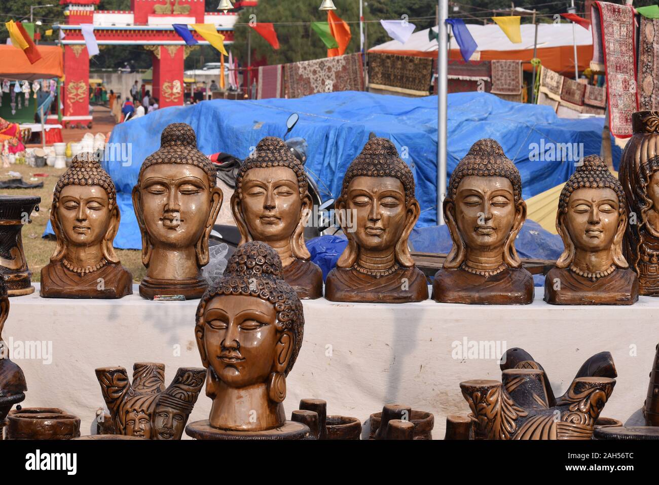 Lords Buddha's hand sculpted heads on display at a stall in Kalagram ...