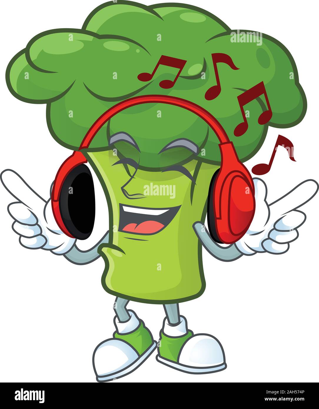 Singing and Listening music green broccoli cartoon character Stock ...