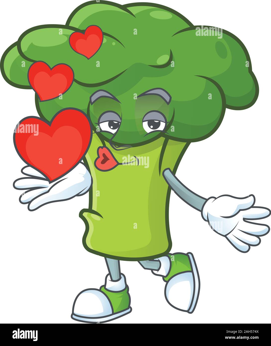 Happy green broccoli cartoon character mascot with heart Stock Vector ...