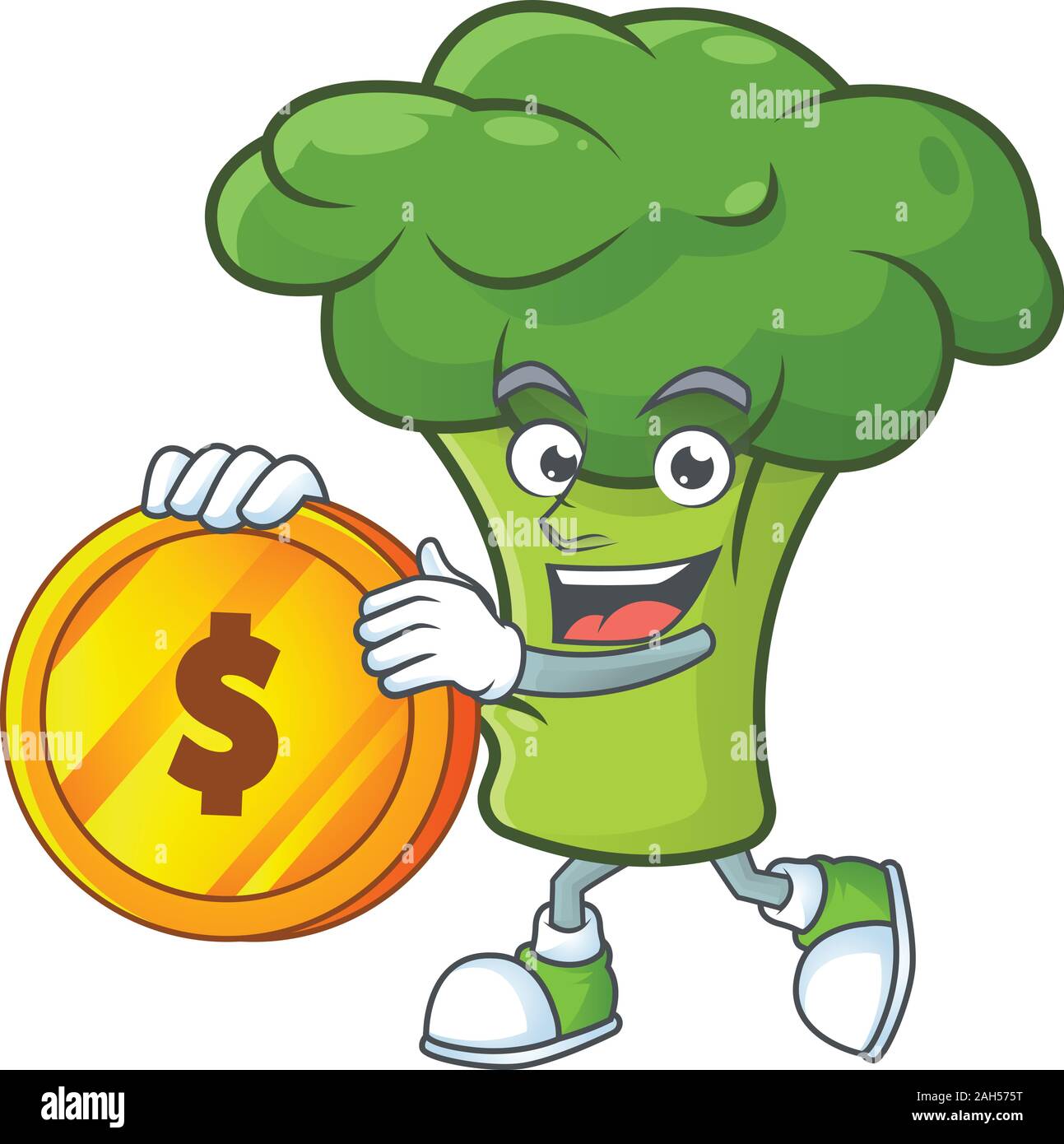 happy face green broccoli cartoon character with gold coin Stock Vector ...