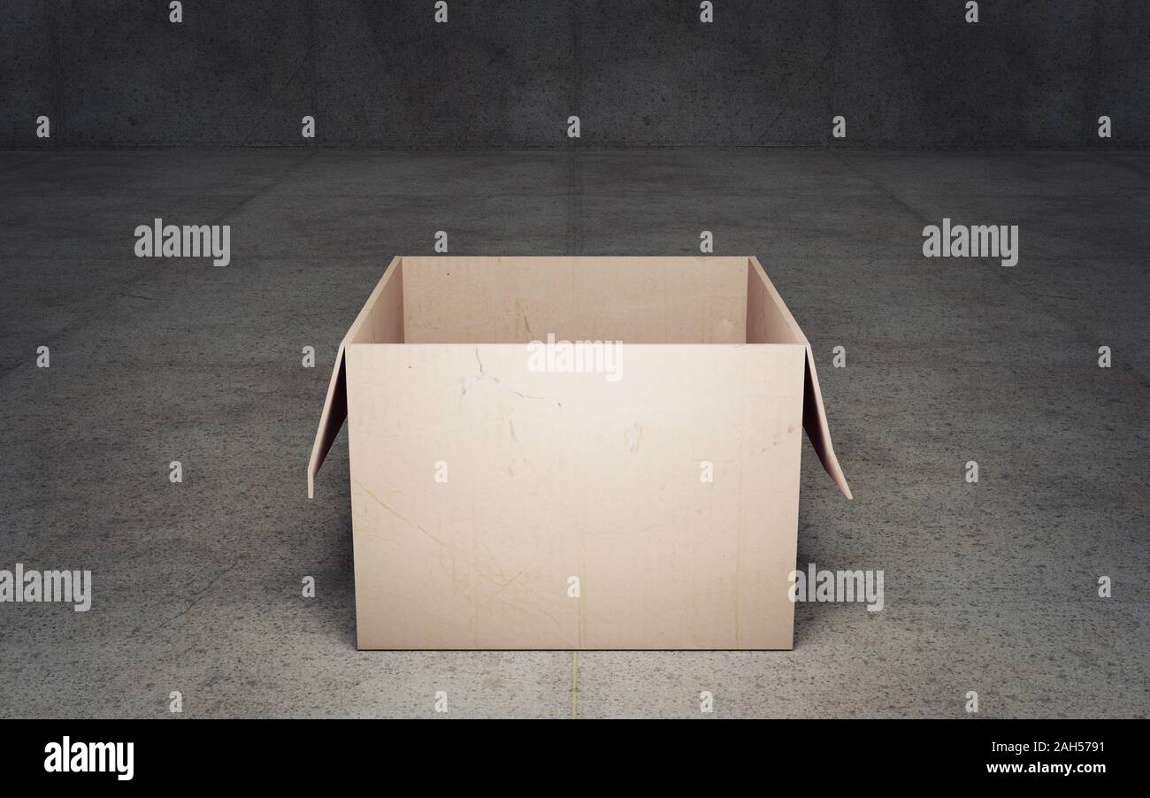 Opened cardboard box on dark background. 3d render Stock Photo - Alamy