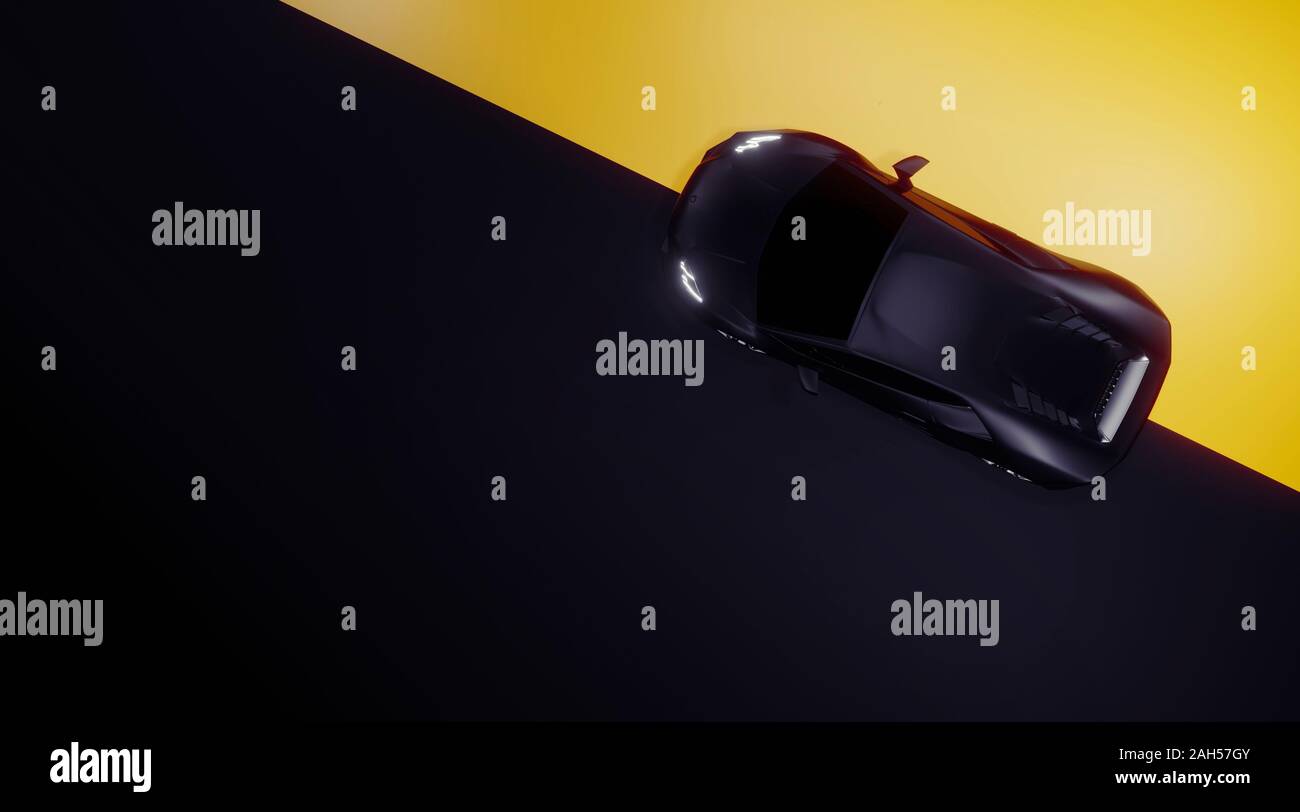 Sport car top down view on black and yellow. 3d render Stock Photo - Alamy