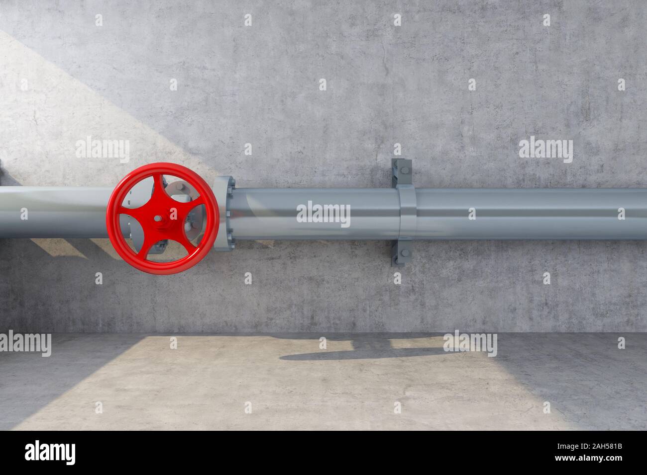 horizontal pipe with valve illuminated in the basement. 3d rendering ...