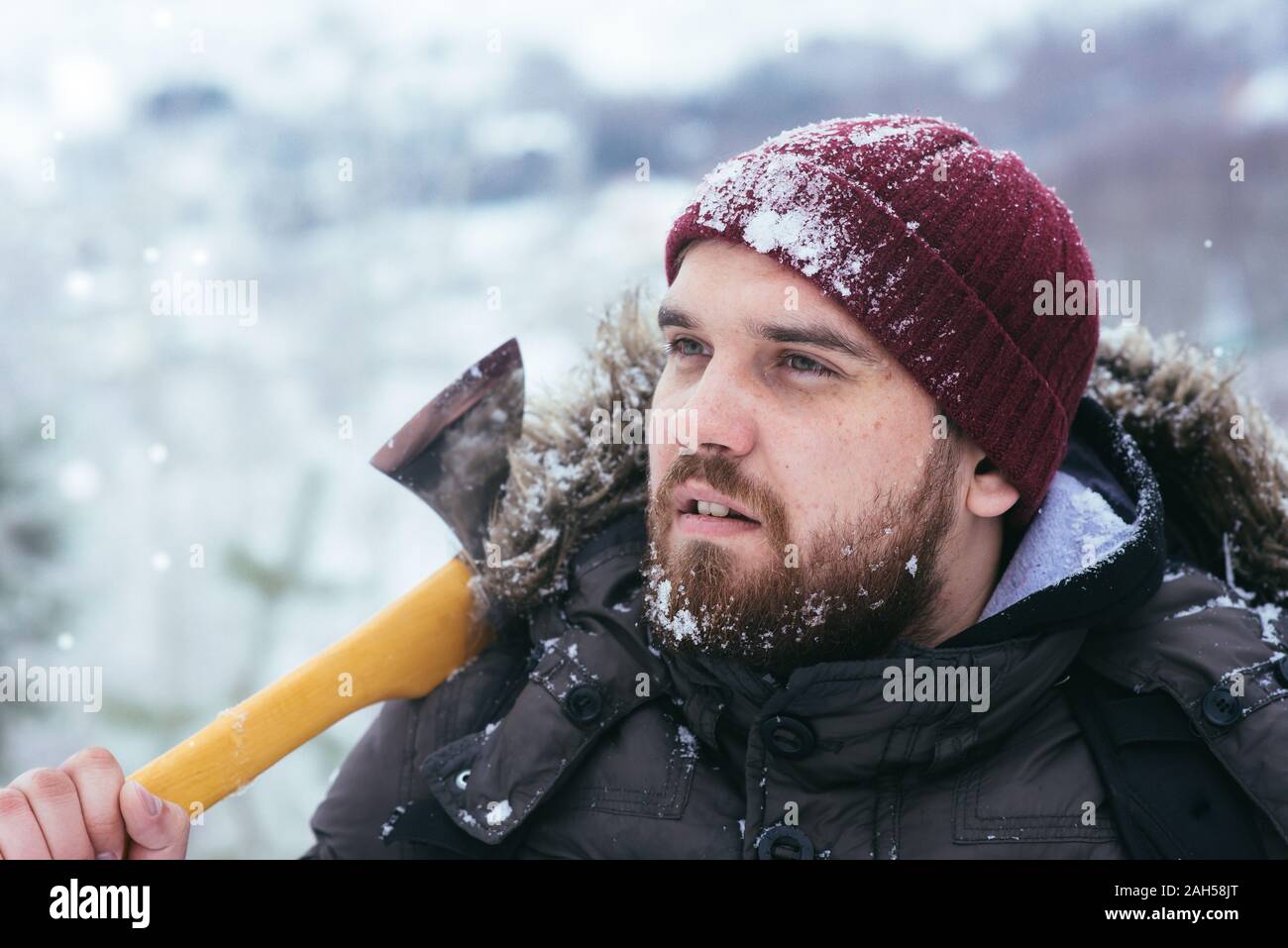 winter portrait of a traveler in the woods Stock Photo - Alamy