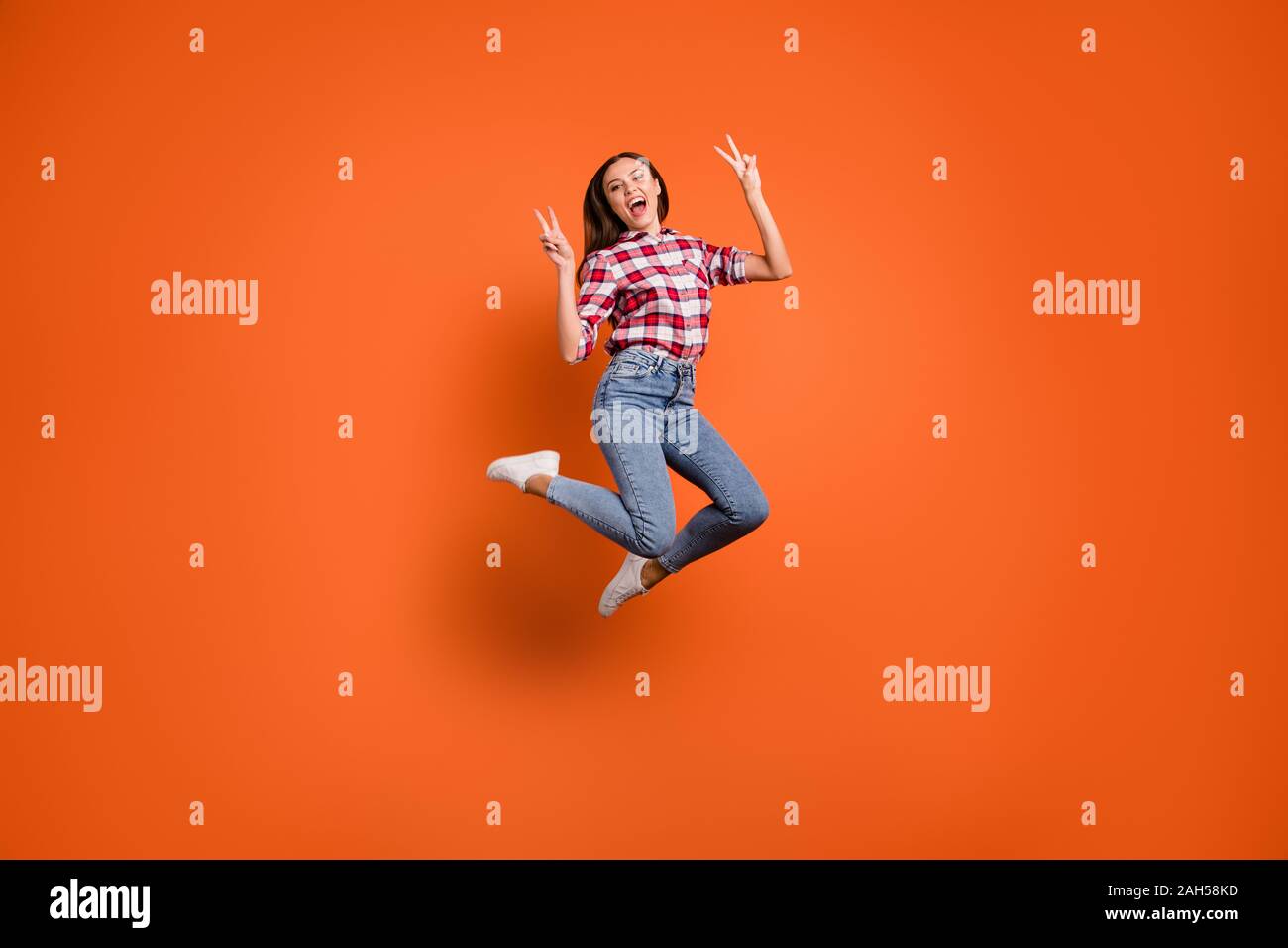 Full body length size photo of rejoicing delightful pretty attractive ...