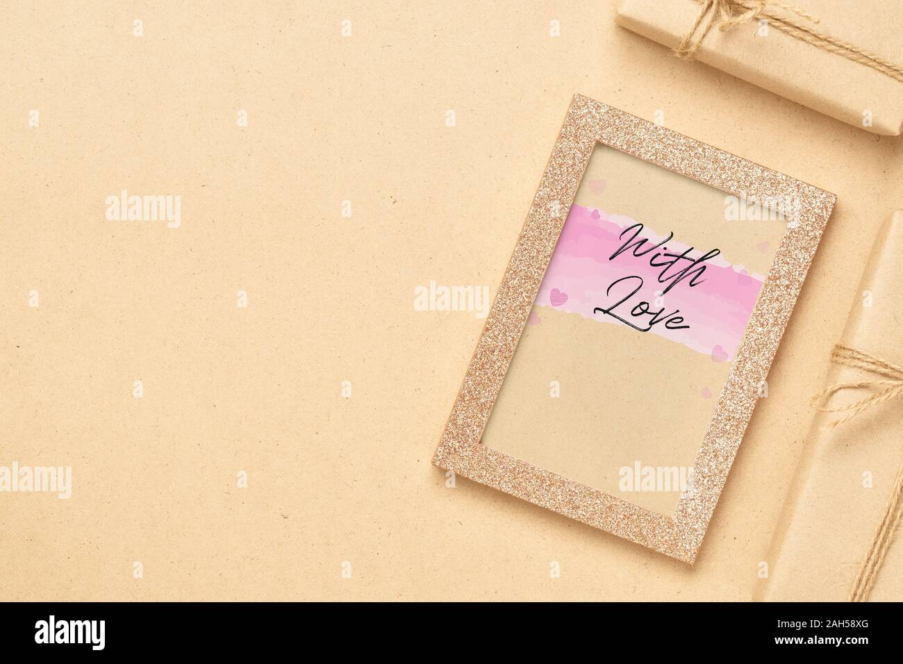 Mockup photo frame with kraft present boxes for Valentines day concept ...