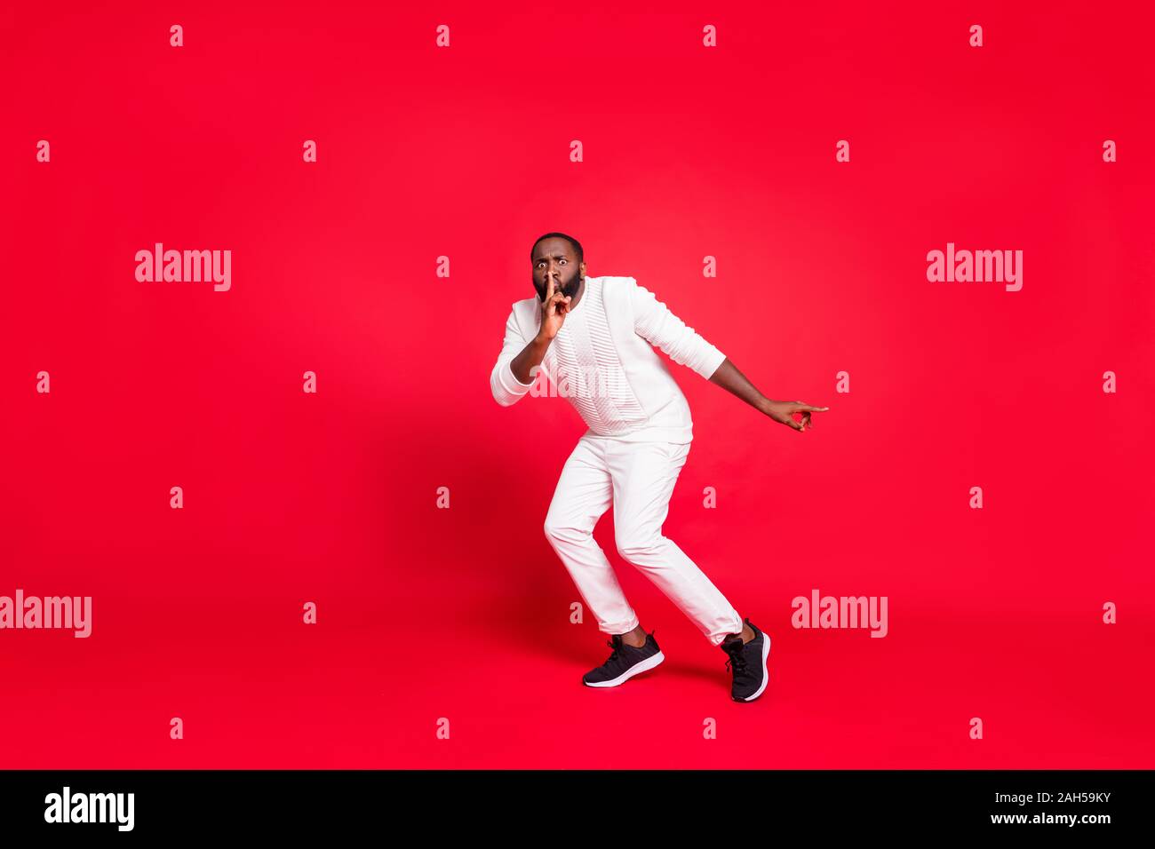Full size photo of funny dark skin man making newyear surprise for ...
