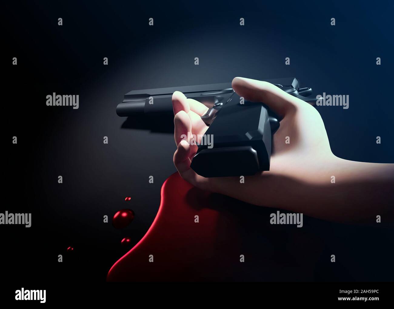 hand of young man and gun with blood on floor. 3d illustration Stock ...