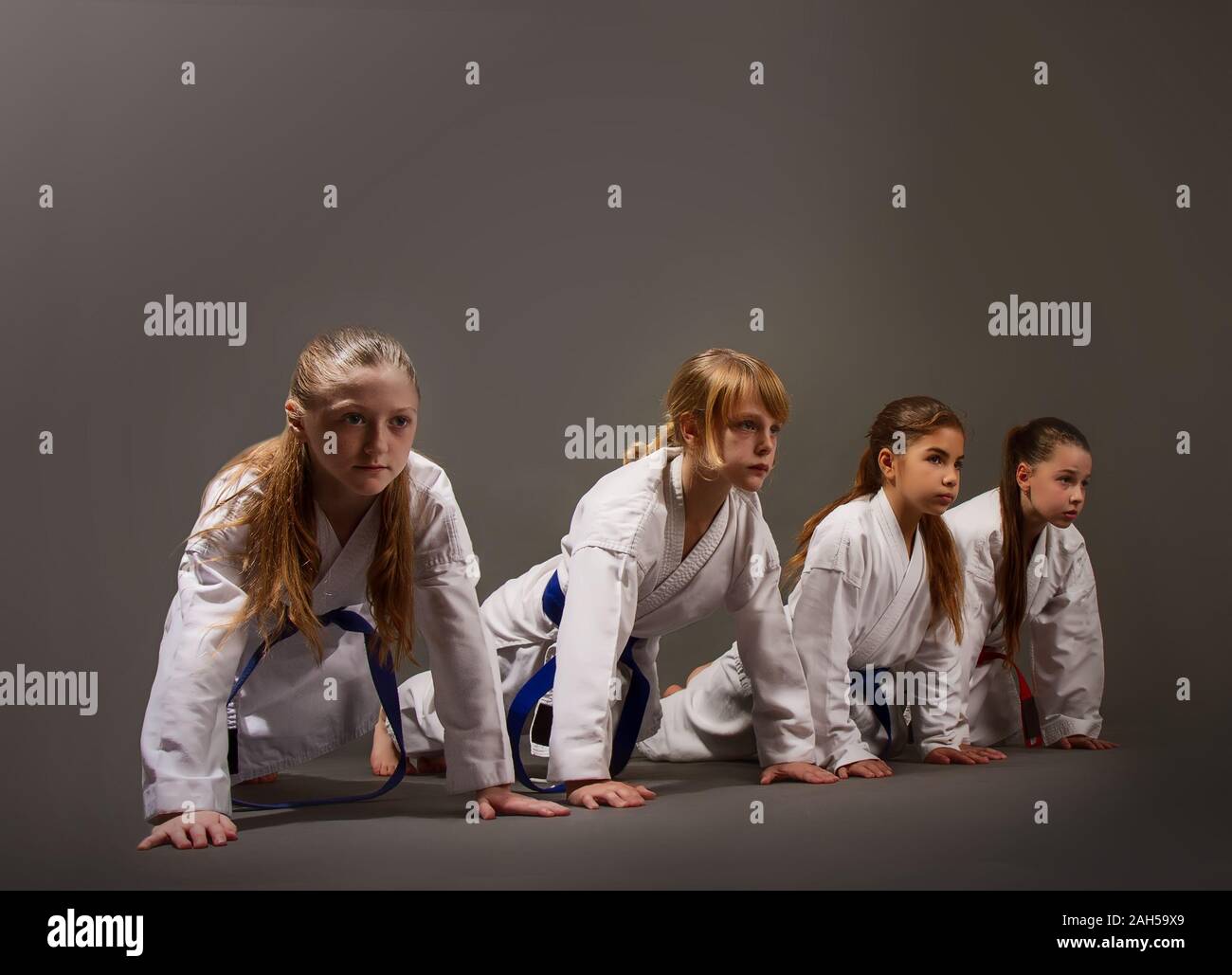 several little girls in karate uniforms push up on their hands from the ...