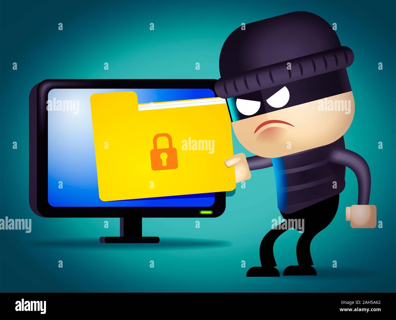 Man stealing confidential file from computer 2d illustration Stock ...