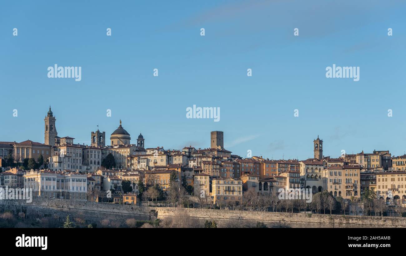 Bergamo Alta skyline, historic buildings and Venetian walls Stock Photo ...