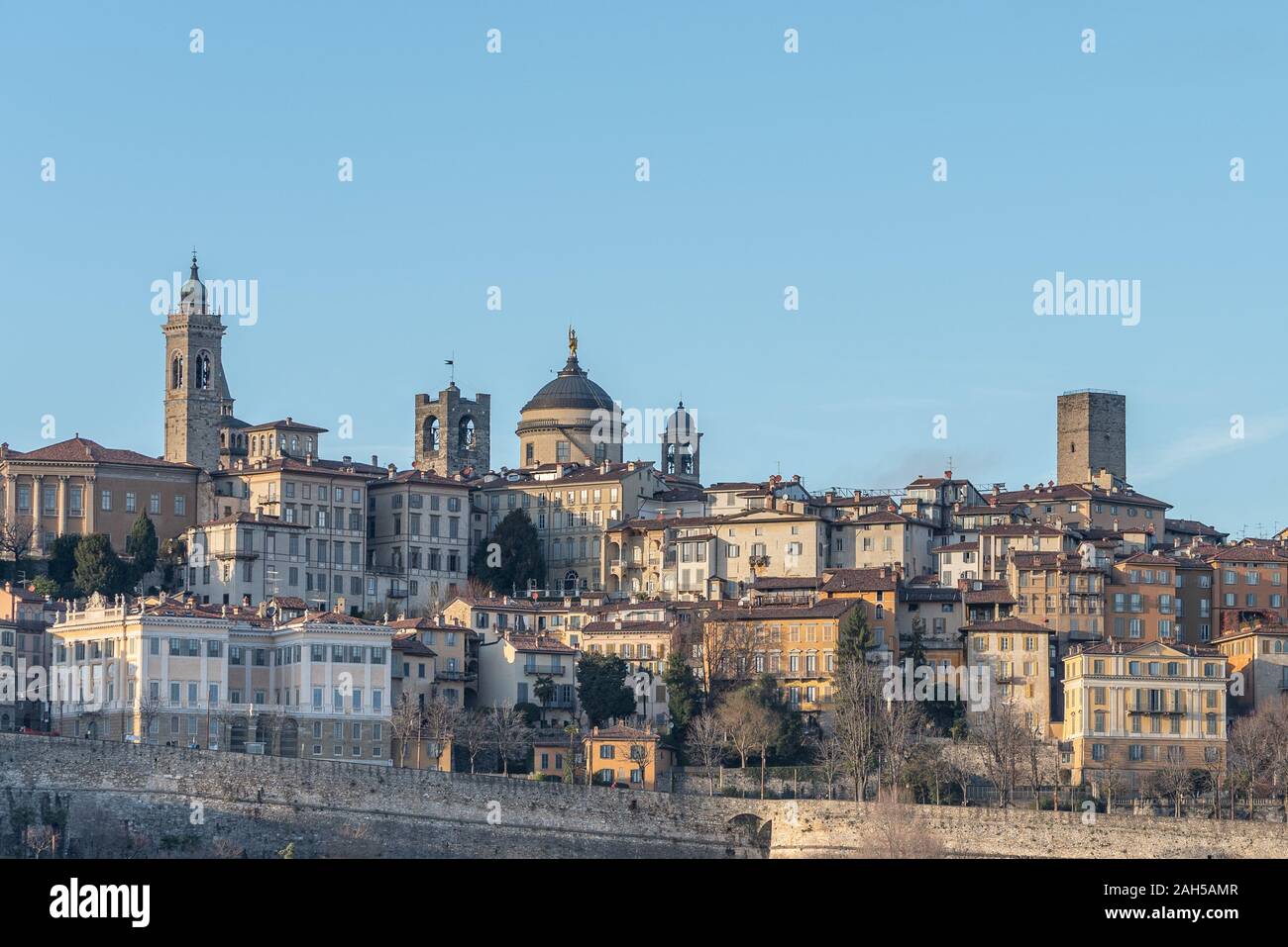 General view of some historic buildings in Bergamo Alta, cityscape ...