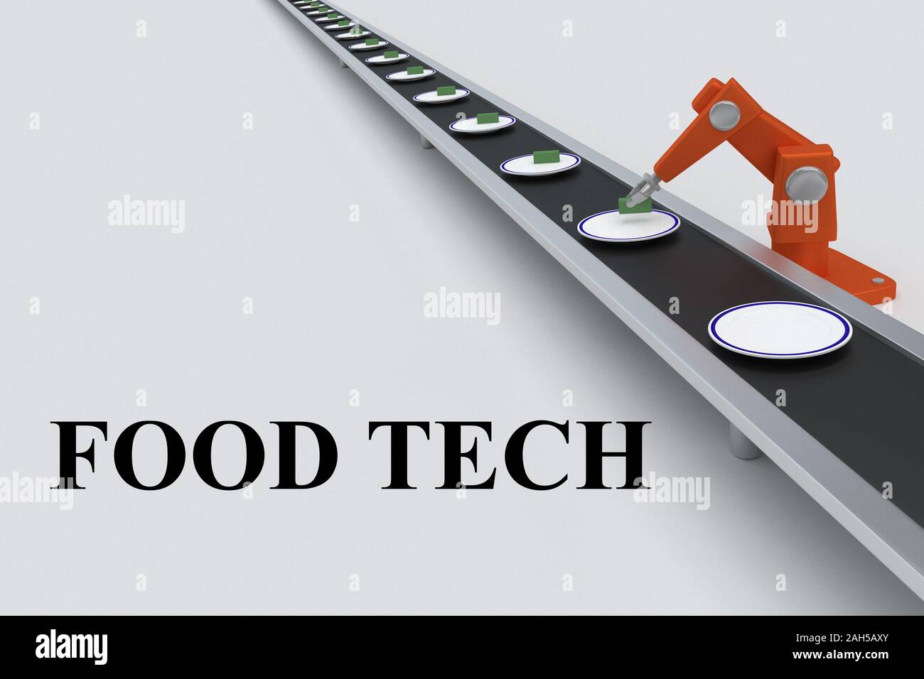 3D illustration of industial robotic arm placing food on a white plates ...