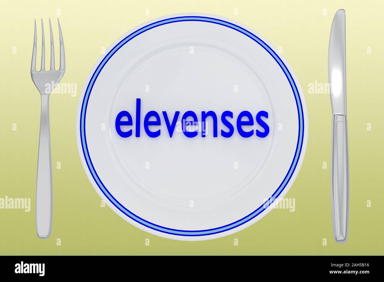 3D illustration of elevenses title on a white plate, along with silver ...