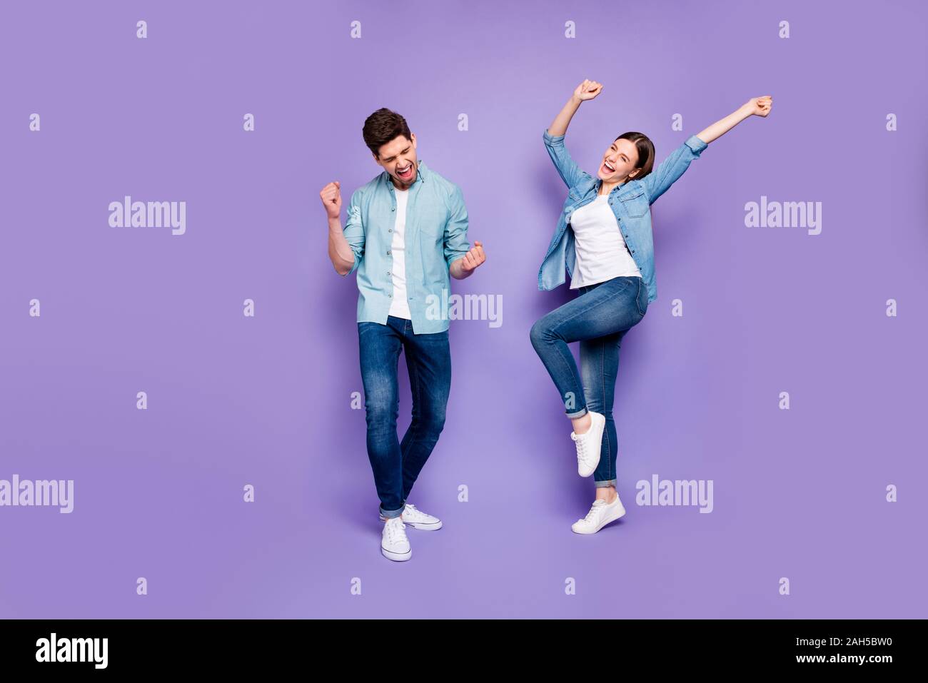 Full body photo of ecstatic spouse feel lucky romance raise fists ...