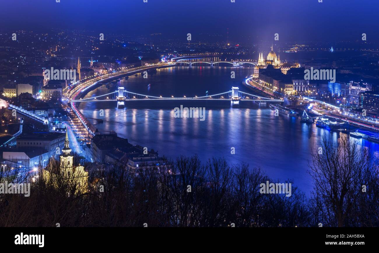 Night aerial panorama of Budapest, a popular tourist destination in ...