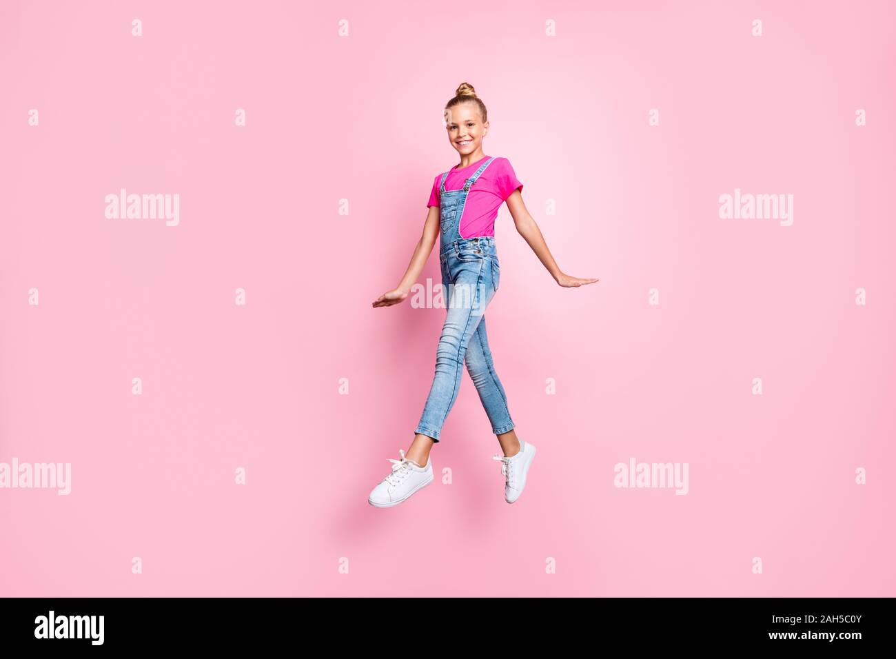 Full length body size photo of cheerful cute nice toothy girl flying ...