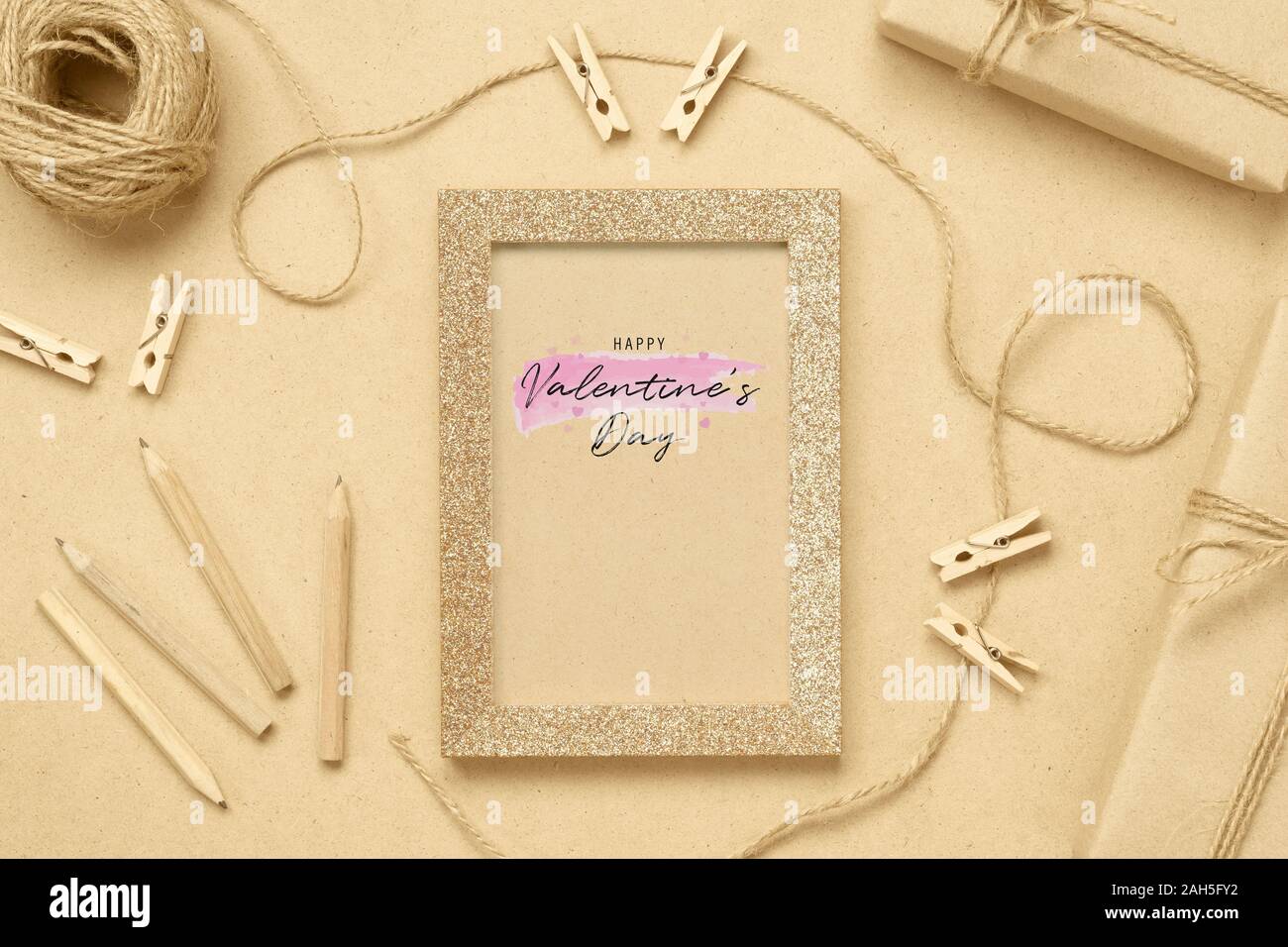Mockup photo frame with kraft present boxes for Valentines day concept ...