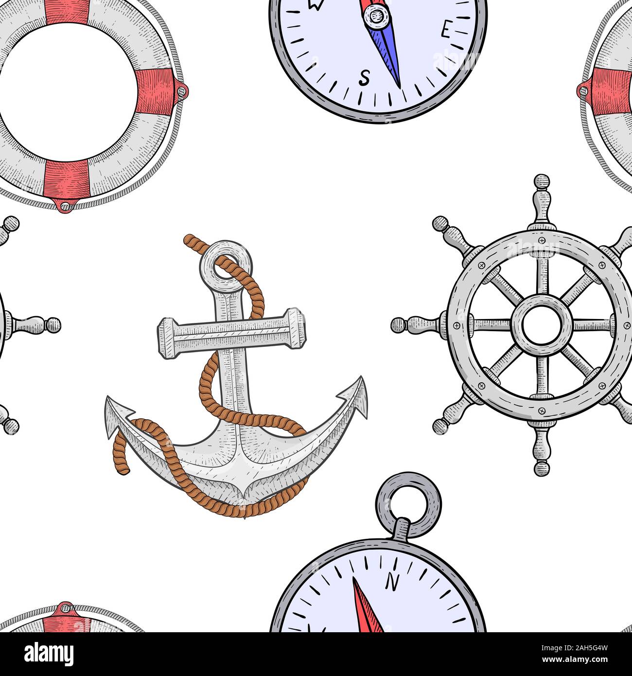 Nautical elements seamless pattern. Hand drawn colored sketch Stock Vector Image & Art - Alamy