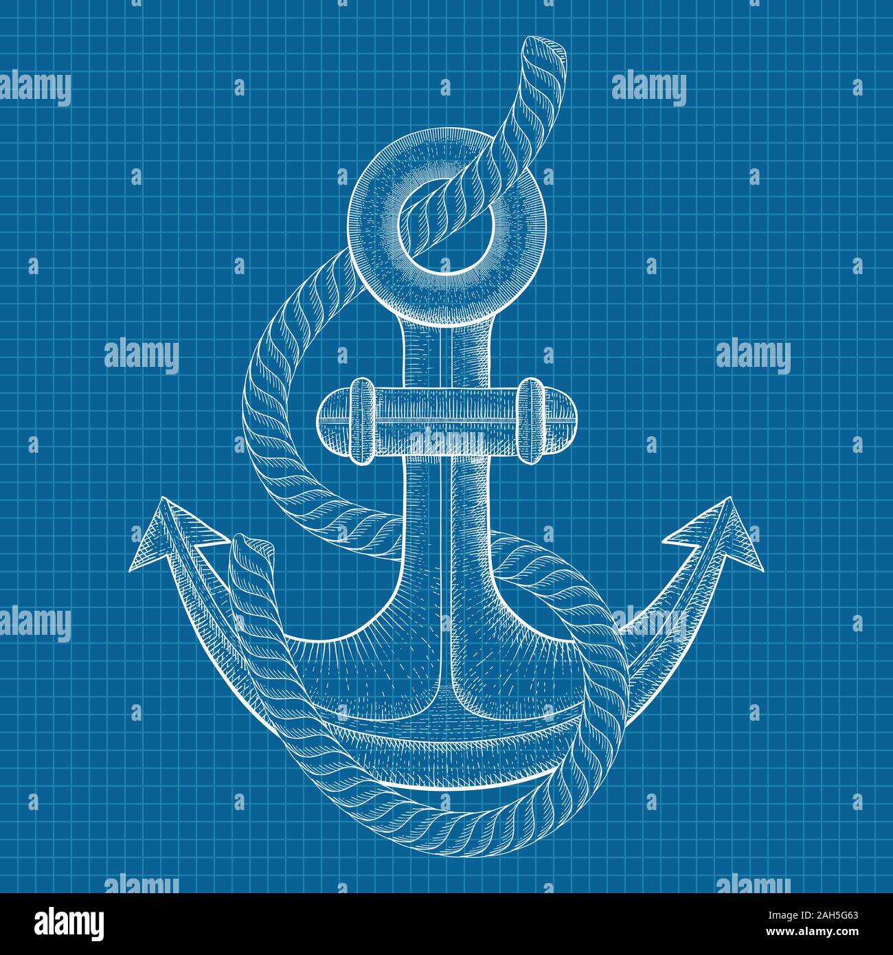Anchor. Sea symbol. Hand drawn sketch. Vector illustration on blueprint ...