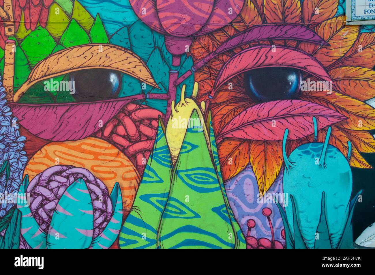 Colourful elaborate graffiti of a face. Photographed in Figueira da Foz ...