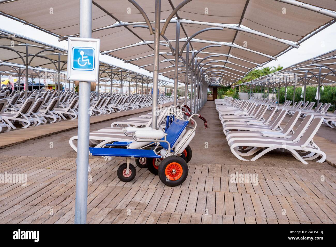 Empty stretchers on the beach in the summer resort Stock Photo - Alamy