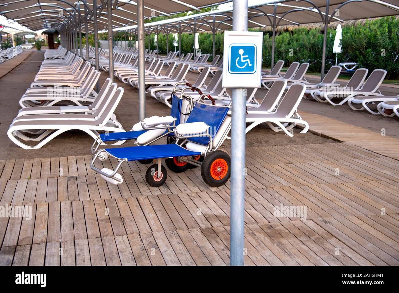 Empty stretchers on the beach in the summer resort Stock Photo - Alamy
