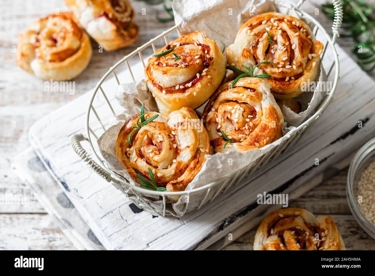 Unsweetened snails and puff pastry with bacon and sesame seeds ...