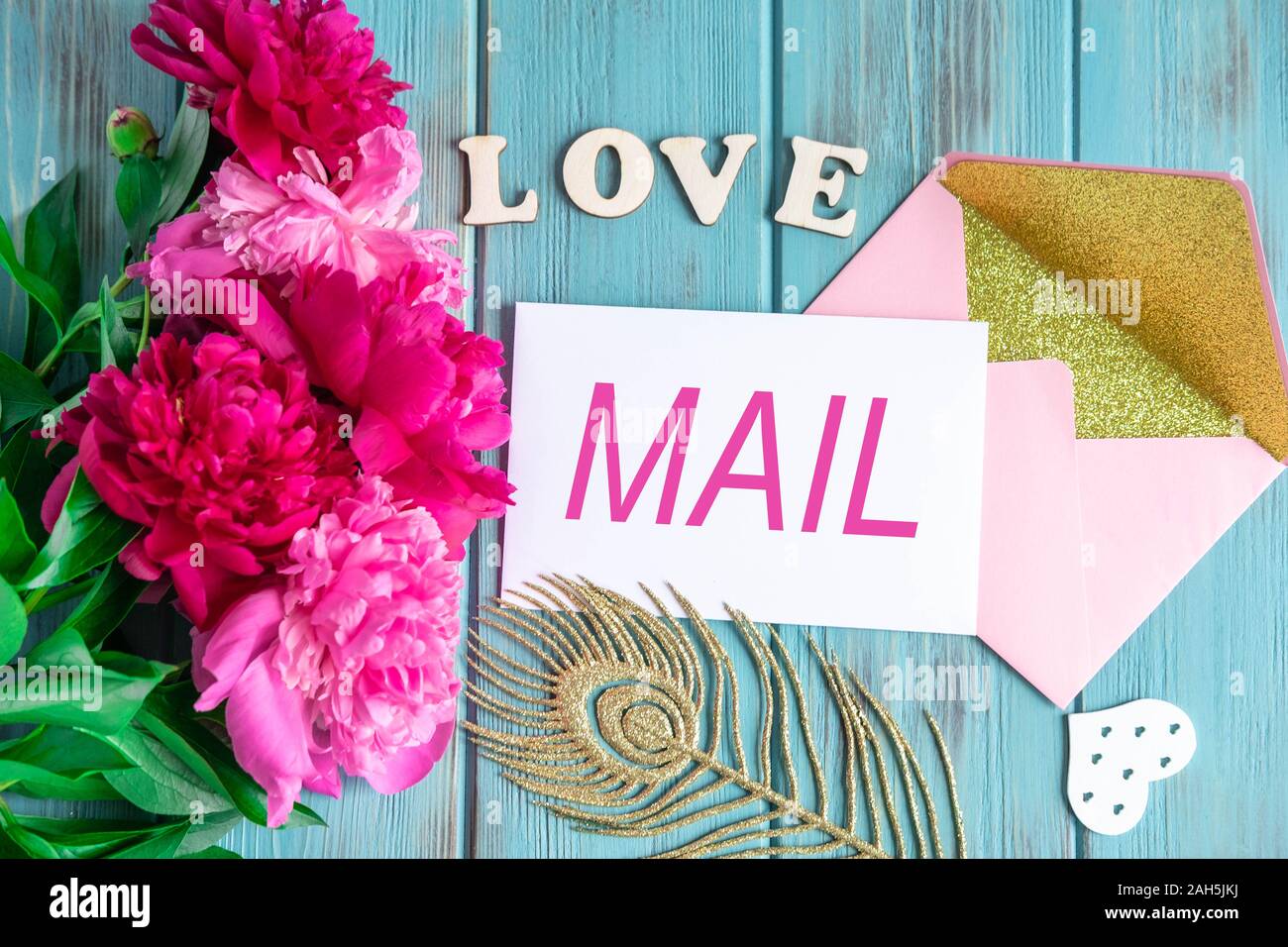 Love email background. Blue color wooden background with flowers ...