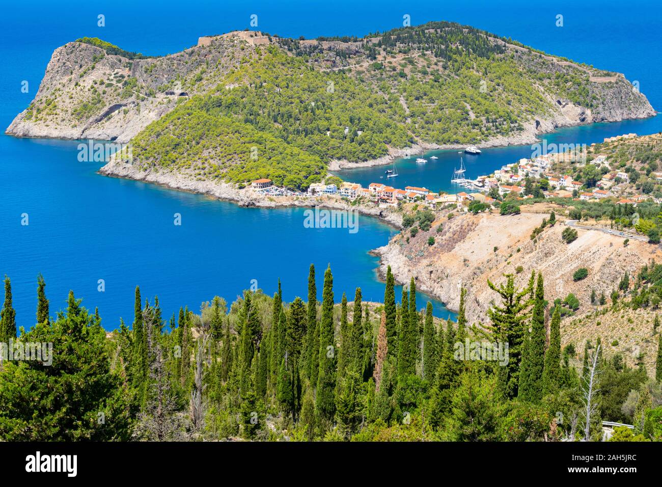 Assos village view from distance, Kefalonia island Stock Photo - Alamy