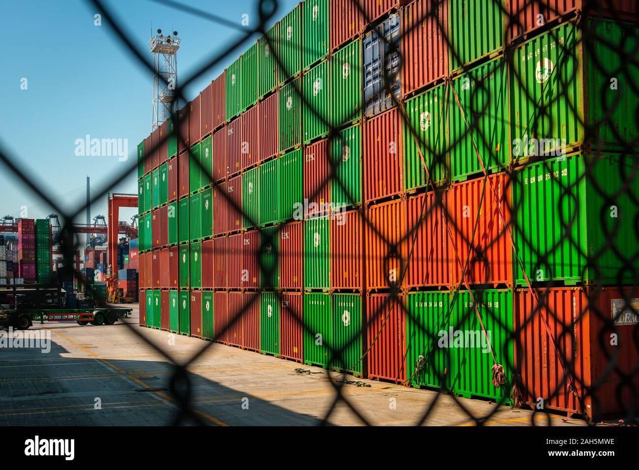 HongKong, China - November 2019: Stacked shipping container on freight ...