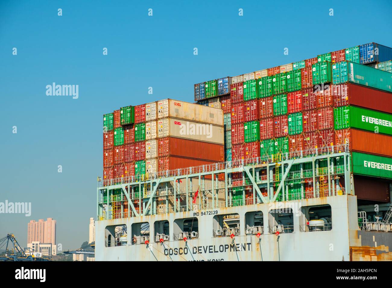 HongKong, China - November 2019: Stacked shipping container on ship at ...