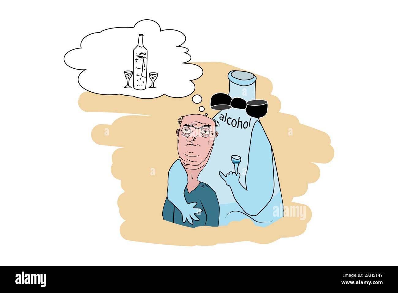 Unhappy sad alcoholic man and friendly bottle of alcohol. Alcohol ...