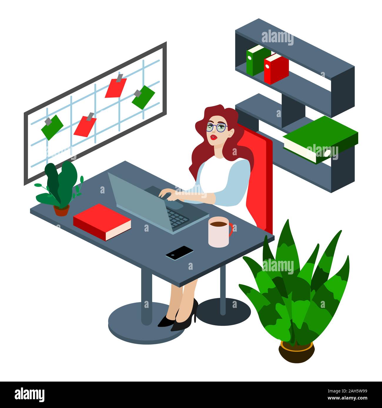 Vector isometric office worker flat illustration. Beautiful young ...