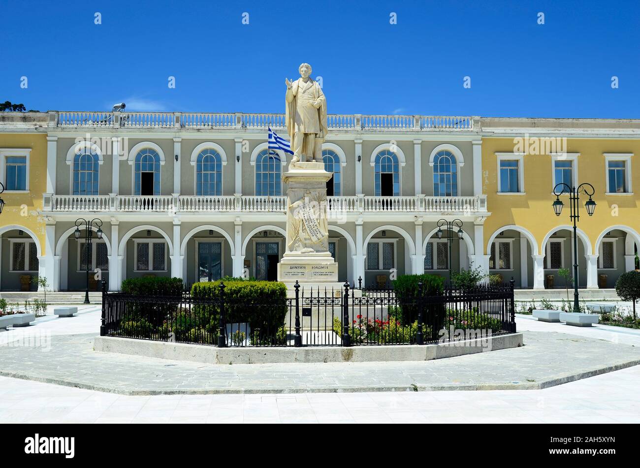 Zakynthos, Greece - May 26, 2016: Main square with Solomos sculpture ...