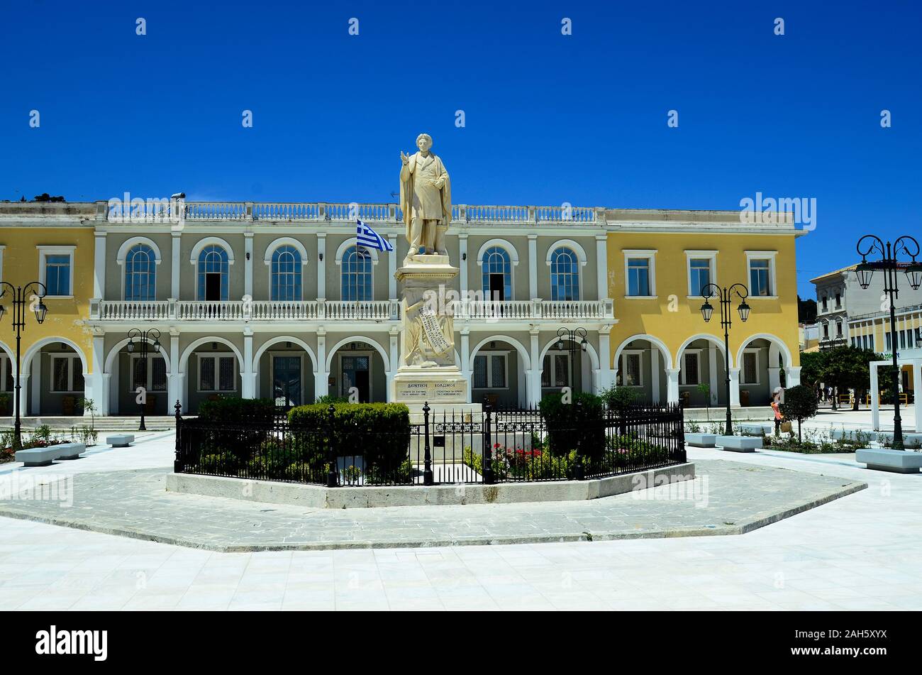 Zakynthos, Greece - May 26, 2016: Main square with Solomos sculpture ...