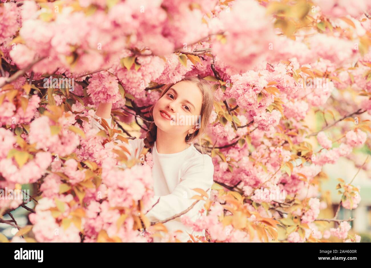 Pink is my favorite. Little girl enjoy spring. Kid on pink flowers of ...
