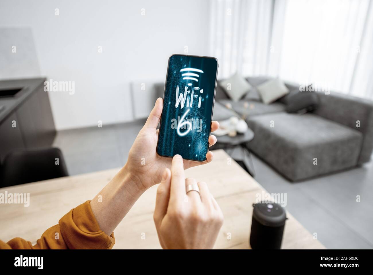 Using smart phone with high speed wi-fi 6 network connection at home ...