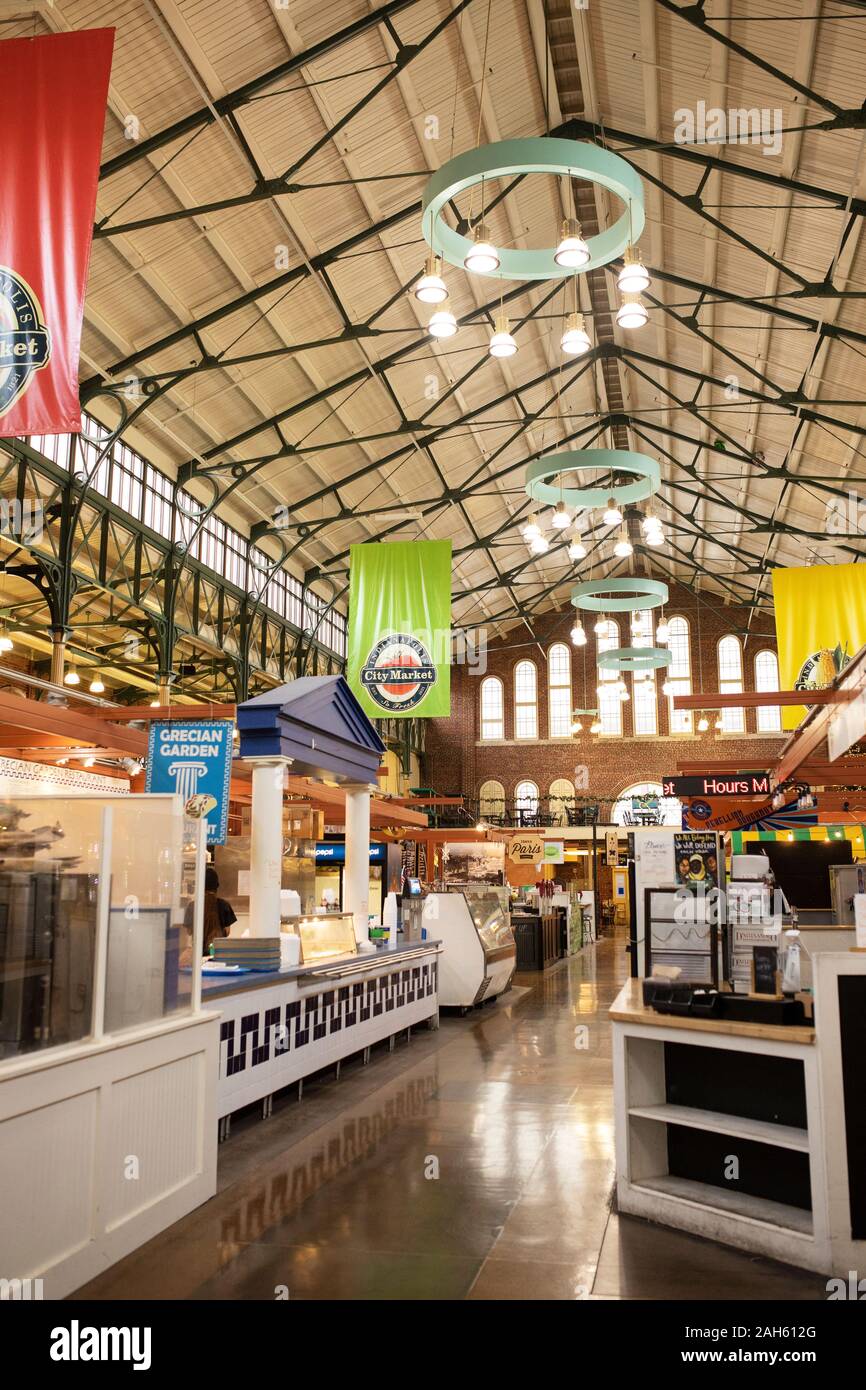 Inside the City Market with food stalls and shopping on East Market ...