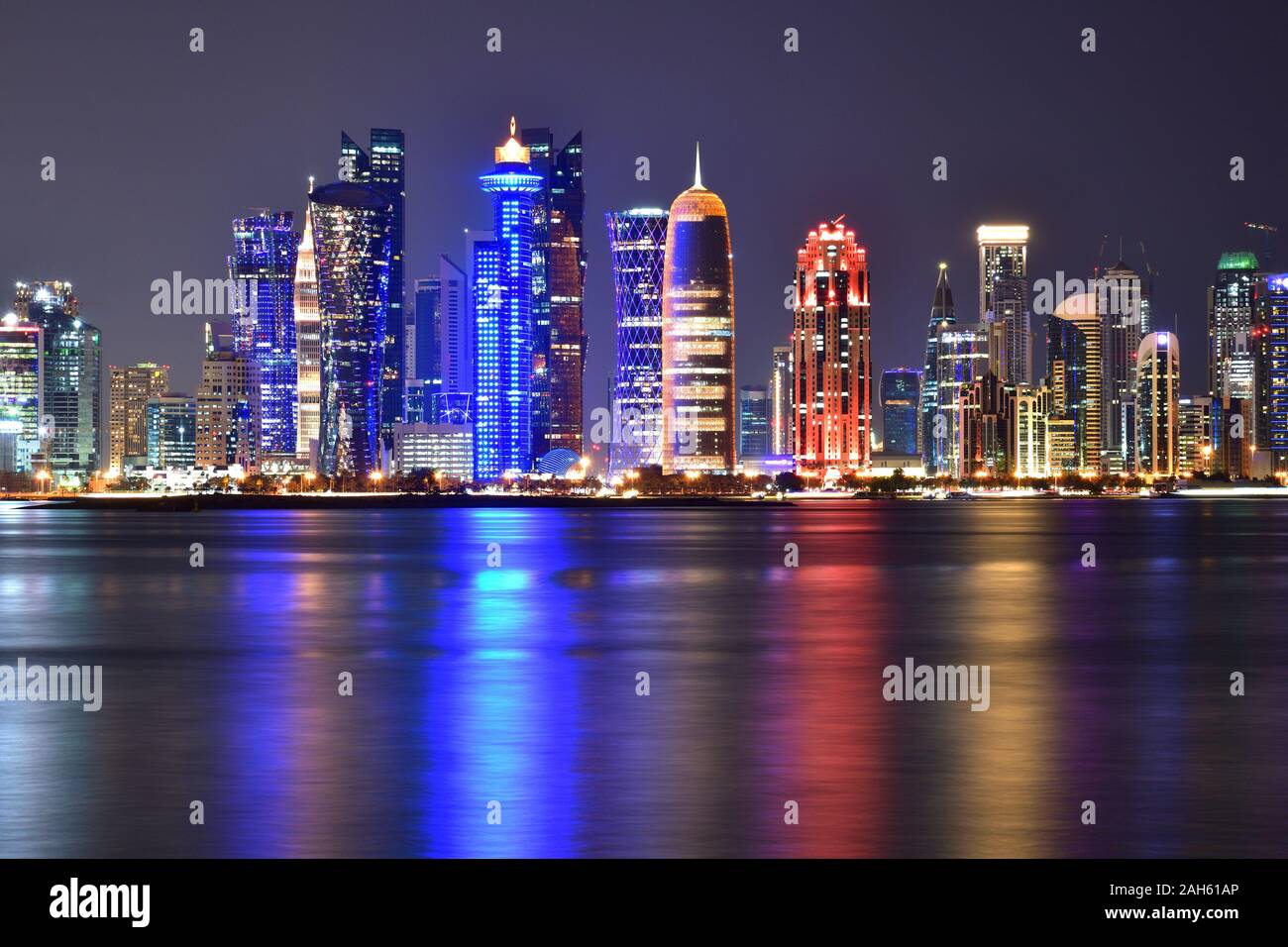 West Bay panorama at night from the Gulf in Qatar, Doha Stock Photo - Alamy