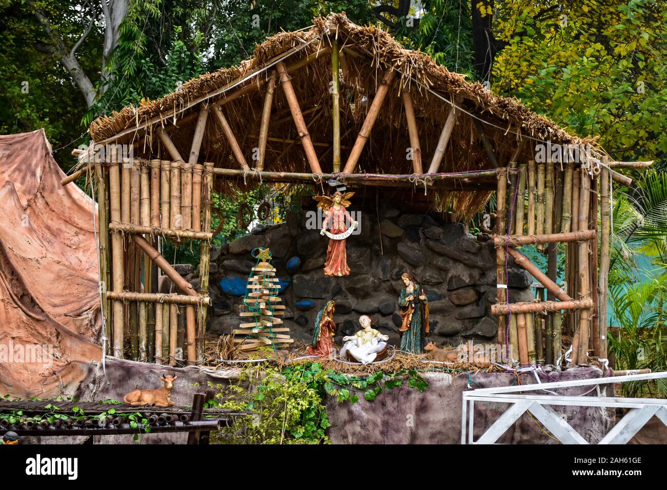 View of decorated nativity scene during the celebration at Christ King ...