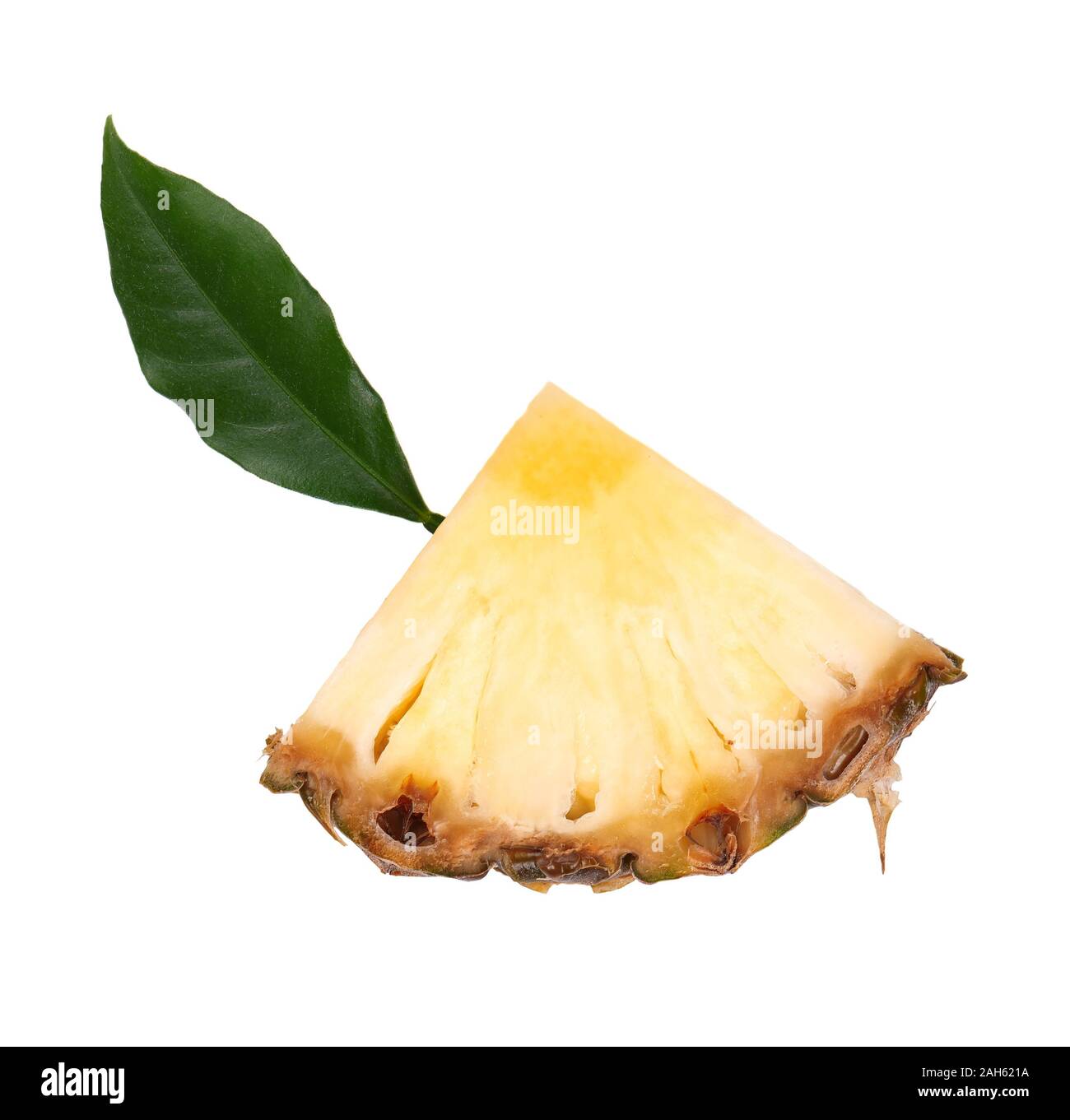 Sliced pineapple with green leaves isolated on white background. Pieces ...